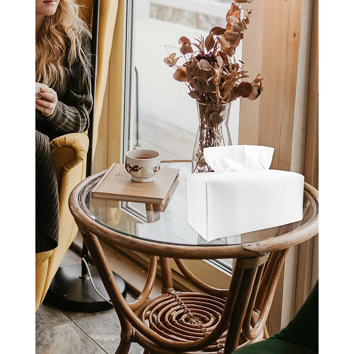 Leather Tissue Box Cover Rectangular – with Bottom Belt [JESMINI, White] Modern PU Leather Long Rectangle Tissue Box Cover Decorative for Bathroom Vanity Countertop/Night Stands/Office Desk