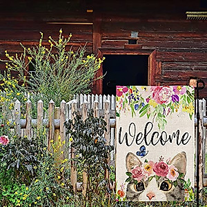 Cat Garden Flag Welcome 12 x 18 inch Flower Butterfly Yard Outdoor Decoration Burlap Spring Garden Flag DF032