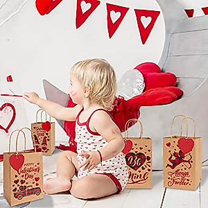 Whaline 24 Pack Valentine's Day Kraft Paper Gift Bags with Handle Red Black Buffalo Plaid Party Favor Bags with Tag and Cotton Rope for Gift Wrapping Wedding Anniversary Party Supplies, 4 Design