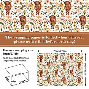 AnyDesign Boho Floral Highland Cow Wrapping Paper Folded Flat Boho Flower Gift Wrap Paper Bulk Cute Cow Art Paper for Birthday Wedding Baby Shower DIY Crafts Gift Packing, 19.7 x 27.6 in, 6 Sheet