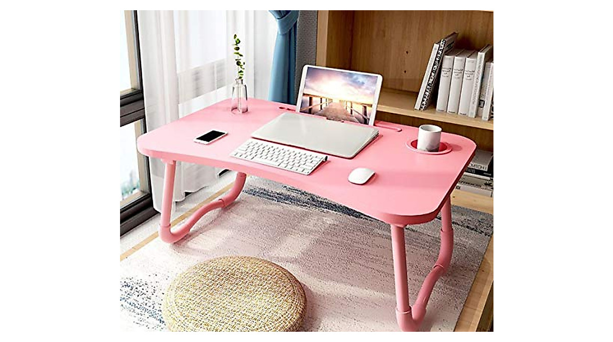 Foldable Pink Laptop Bed Desk with Storage & Cup Holder