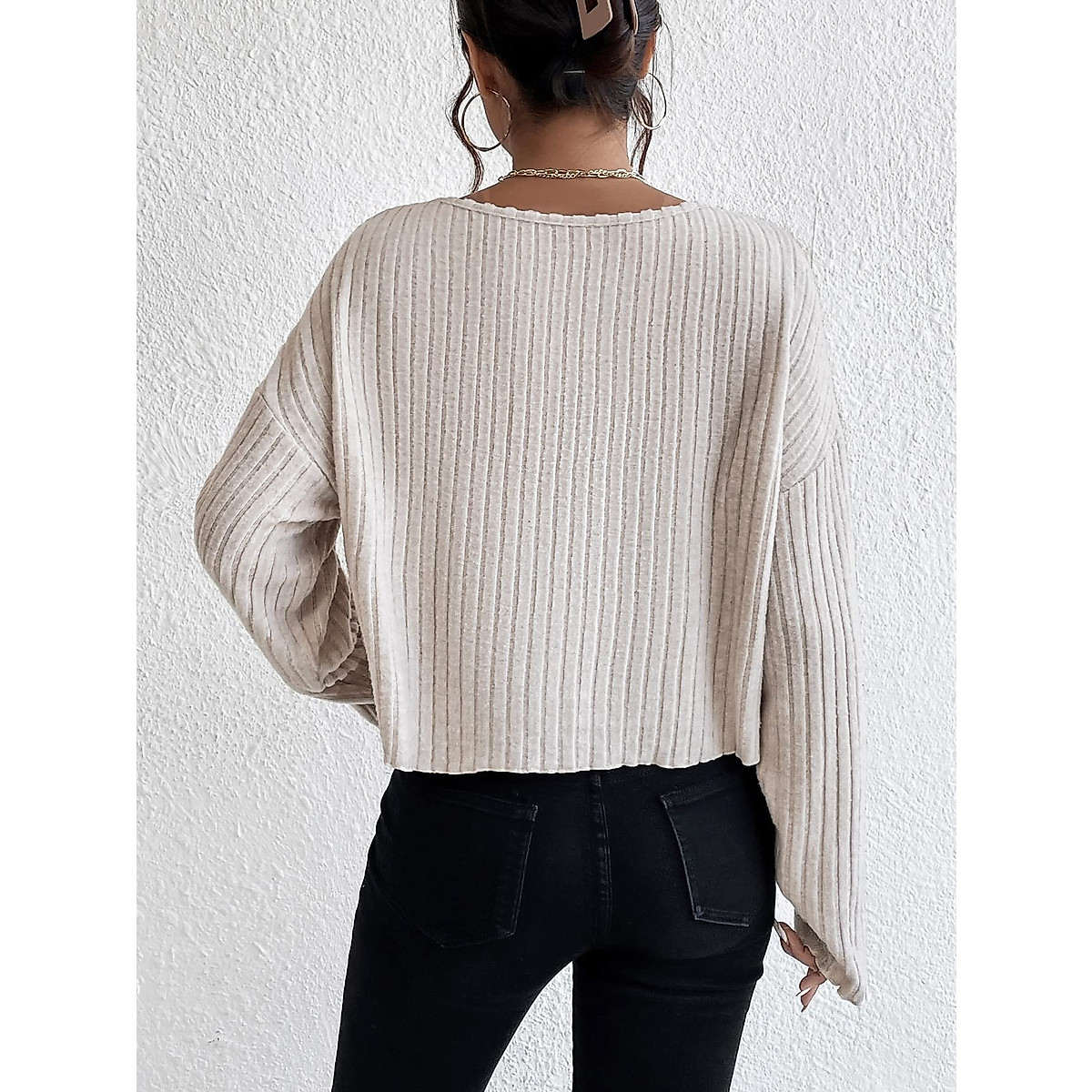 SweatyRocks Women's Long Sleeve Boat Neck Plain Tee Casual Drop Shoulder Rib Knit T Shirt Crop Top Apricot L