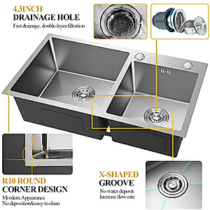 Double Bowl Kitchen Sink, Drop In 32.3 x 17.7 Stainless Steel Topmount Bar Sink Nice Kitchen Sink With Gift-Soap Dispenser, Faucet Mat, Drain Strainer Set for Modern Kitchen Sink