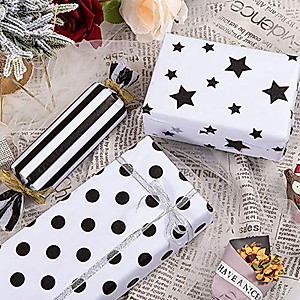 Whaline 120 Sheet White Black Tissue Paper Star Stripes Dots Pattern Tissue Paper 4 Styles Simple Gift Wrapping Paper Bulk for Birthday DIY Crafts New Year Gift Bag Supplies, 14 x 20"