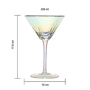 Iridescent Lustered Hammered Martini Glasses - Set of 2 - Gold Rim 8 oz Colorful Balloon Stemmed Glassware - Festive Anniversaries, Birthday Gift, Cocktail Party Radiance - Unique Wine Barware