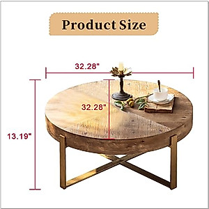 DS-HOMEPORT Round Wood Coffee Table for Living Room, Mid Century Modern Farmhouse Round Coffee Table with Gold Metal Legs, 32.28" D x 32.28" W x 13.19" H