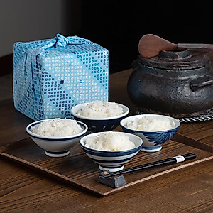 SAZANKA Japanese Rice Bowls Ceramic Soup Bowls Set of 4, 6.1 Ounce Small Cereal Bowls Rice Bowls White and Blue Bowls, Microwave Safe Bowls,Salad and Pasta,Dessert Bowls w/Gift Box