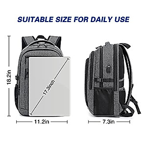 Travel Laptop Backpack for Men & Women, Anti-theft Business Work Backpack Fit up to 17.3 Inch Laptop with USB Charging Port, Water Resistant Slim Backpack Grey College School Bag Bookbag for Students