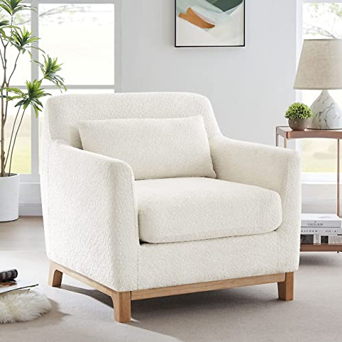 VANOMi Extra Deep Accent Chair, Fabric Upholstered Comfy Reading Armchair for Living Room, Bedroom Single Seat Sofa Chair with Wood Base, Lamb Fabric