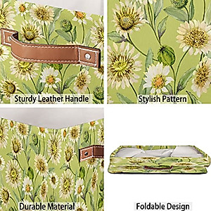 Daisy Leaves Large Collapsible Storage Bins,Daisy Flower Decorative Canvas Fabric Storage Boxes Organizer with Handles,Cube Square Baskets Bin for Home Shelves Closet Nursery Gifts