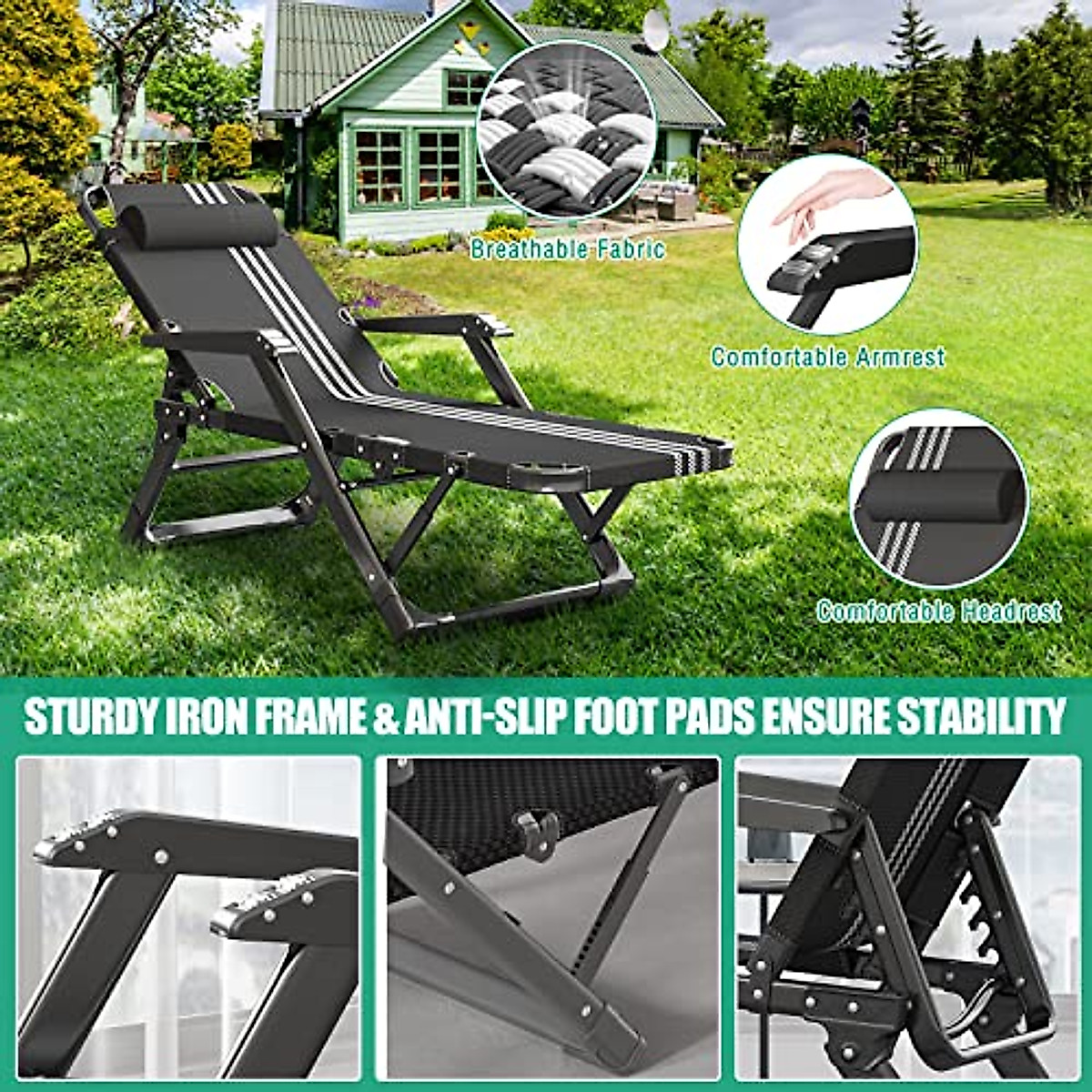 LILYPELLE Folding Outside Chaise Lounge Chair with Mattress, 5 Position Adjustable Patio Folding Lounge Chair Reclining Chairs Perfect for Outside, Sunbathing, Camping, Pool, Beach, Patio