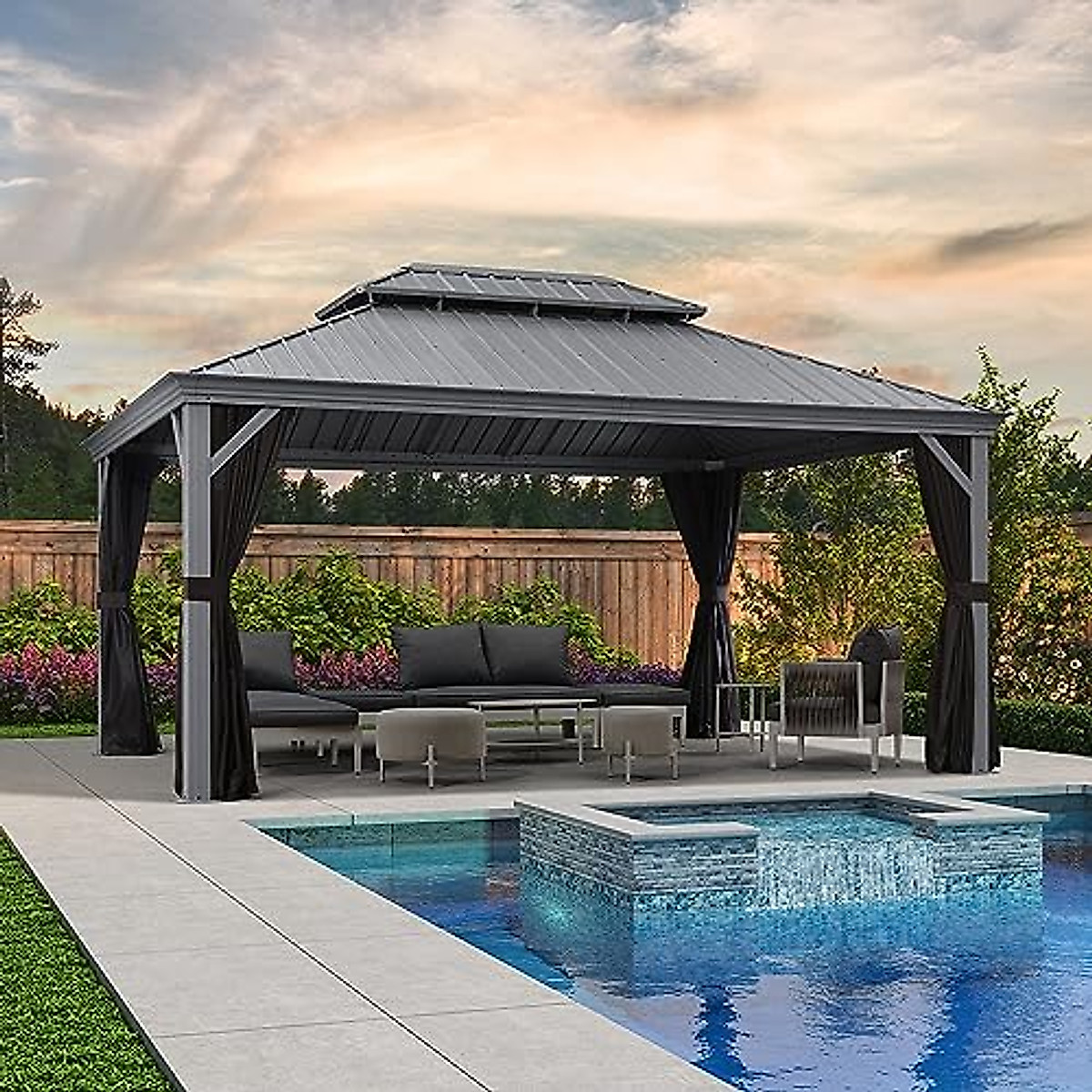 PURPLE LEAF 12' x 16' Hardtop Aluminum Gazebo with Double Metal Roof Heavy Duty Permanent Gazebo for Patio Deck Lawn Garden All Weather Outdoor Pavilion Gazebo, Light Grey