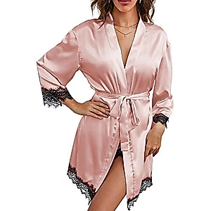 Ciana Women' Silk Satin Pajamas Set 4pcs Lingerie Floral Lace Cami Sleepwear with Robe (Rose, Large)