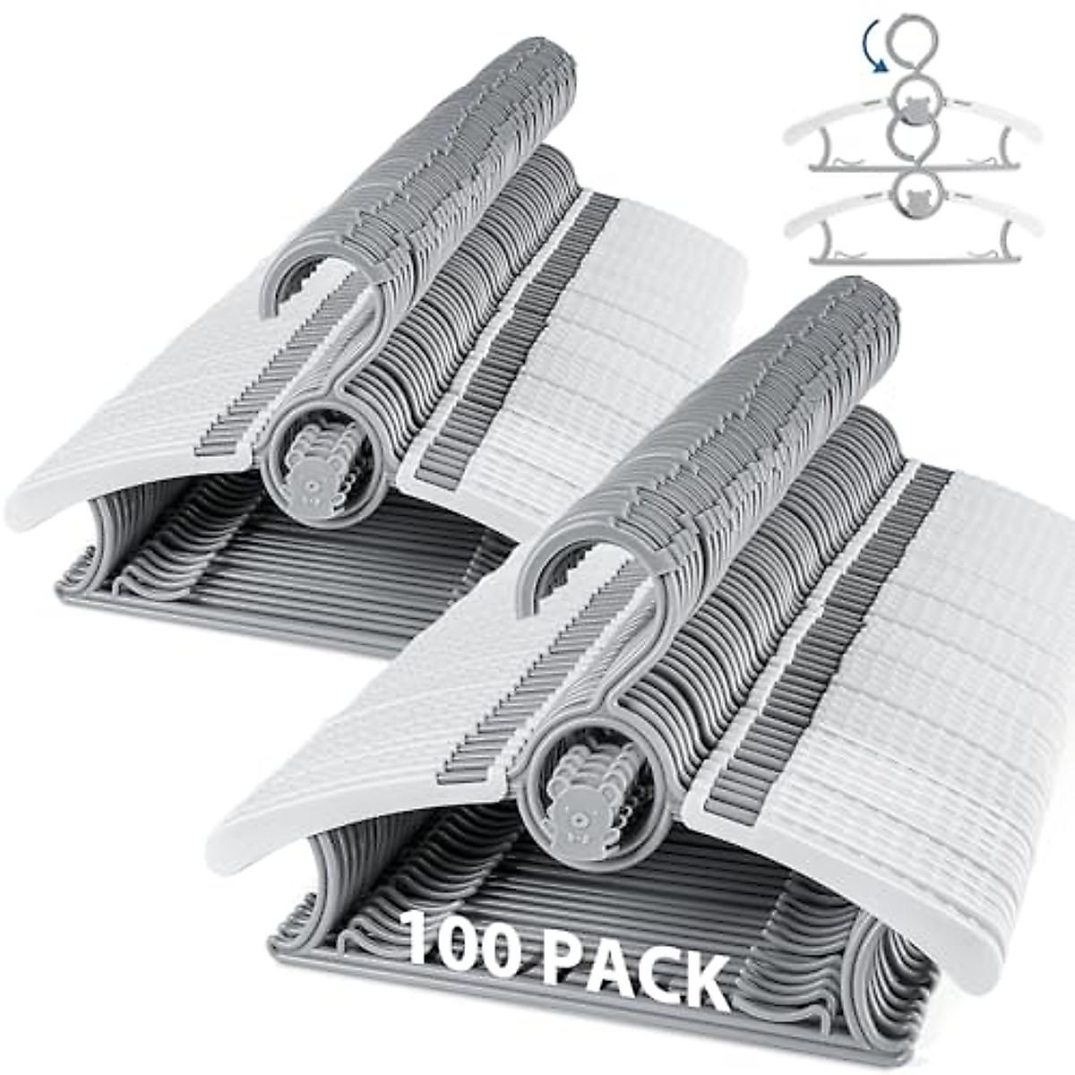 PIGLOG Baby Hangers 100 Pack Extendable Adjustable Kids Hangers, 11-14 Inches Non-Slip Plastic Toddler Hangers for Baby Kid Kids Children Infant Child,Stackable Kid Hangers for Closet Grey Bear