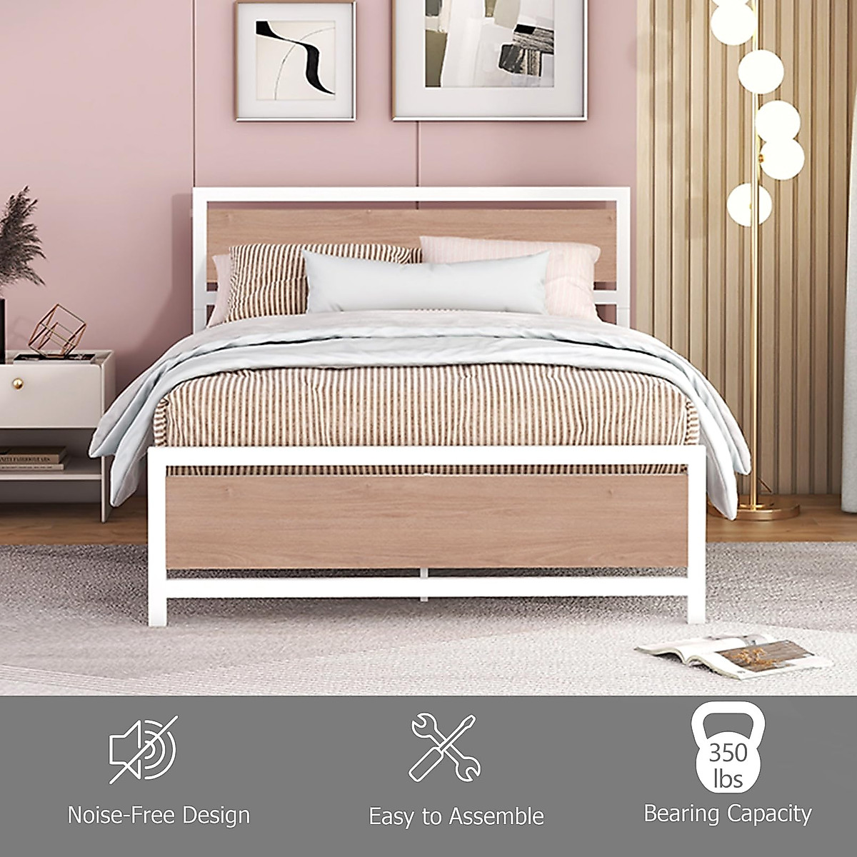 Full Size Platform Bed Frame with Solid Wooden Headboard & Footboard, Metal Slats Support, Ample Under Bed Storage for Bedroom Apartment Boy Girl, No Box Spring Needed/Easy Assembly/No Noise, White