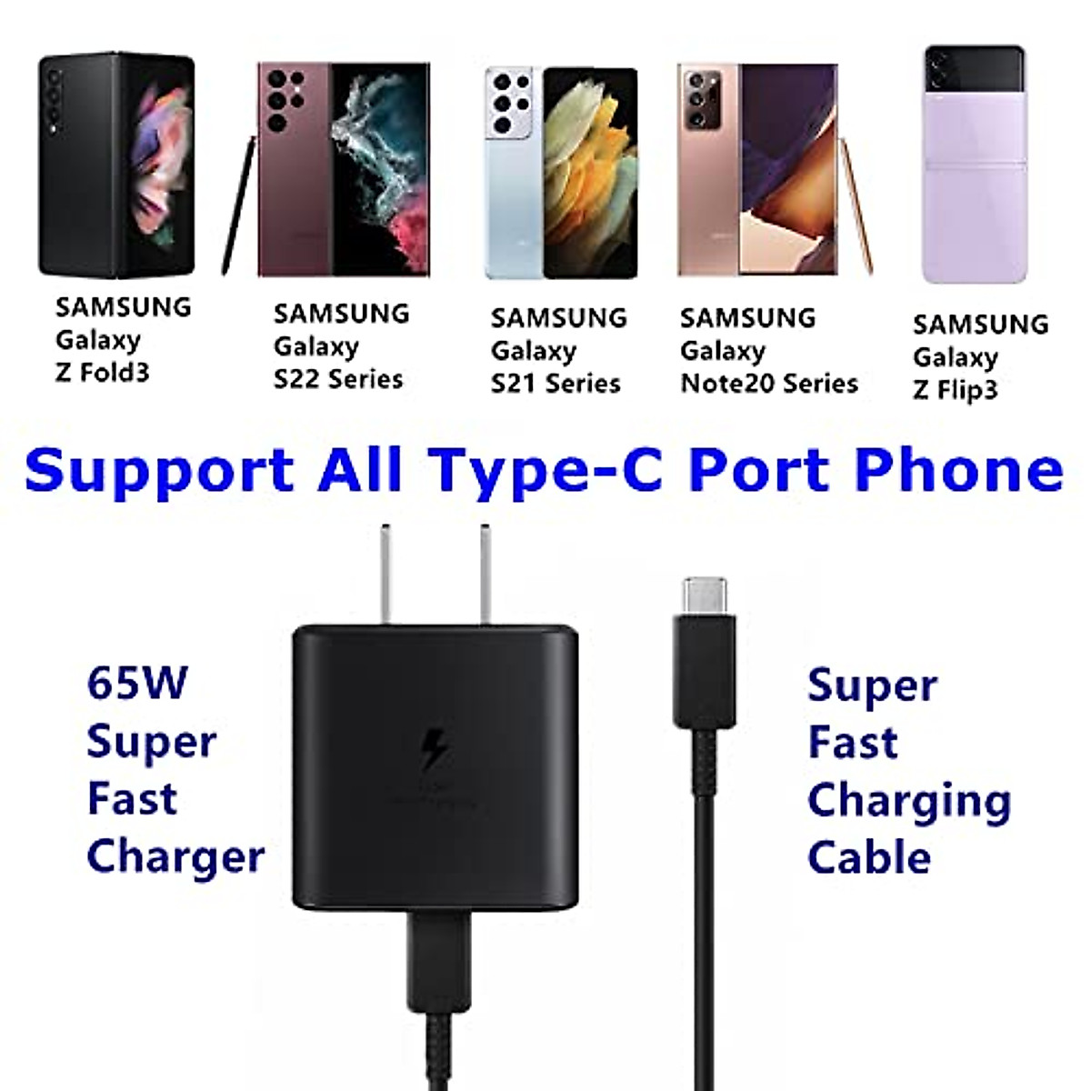 EnergySpot 65W Super Fast Charging Wall Charger Compatible for Samsung Galaxy Z Fold4 Fold3 Z Fold2 Fold Z Flip3 Z Flip S22 S23 Ultra Note20 Ultra,USB-C Travel Charger with 5FT Charging Cable