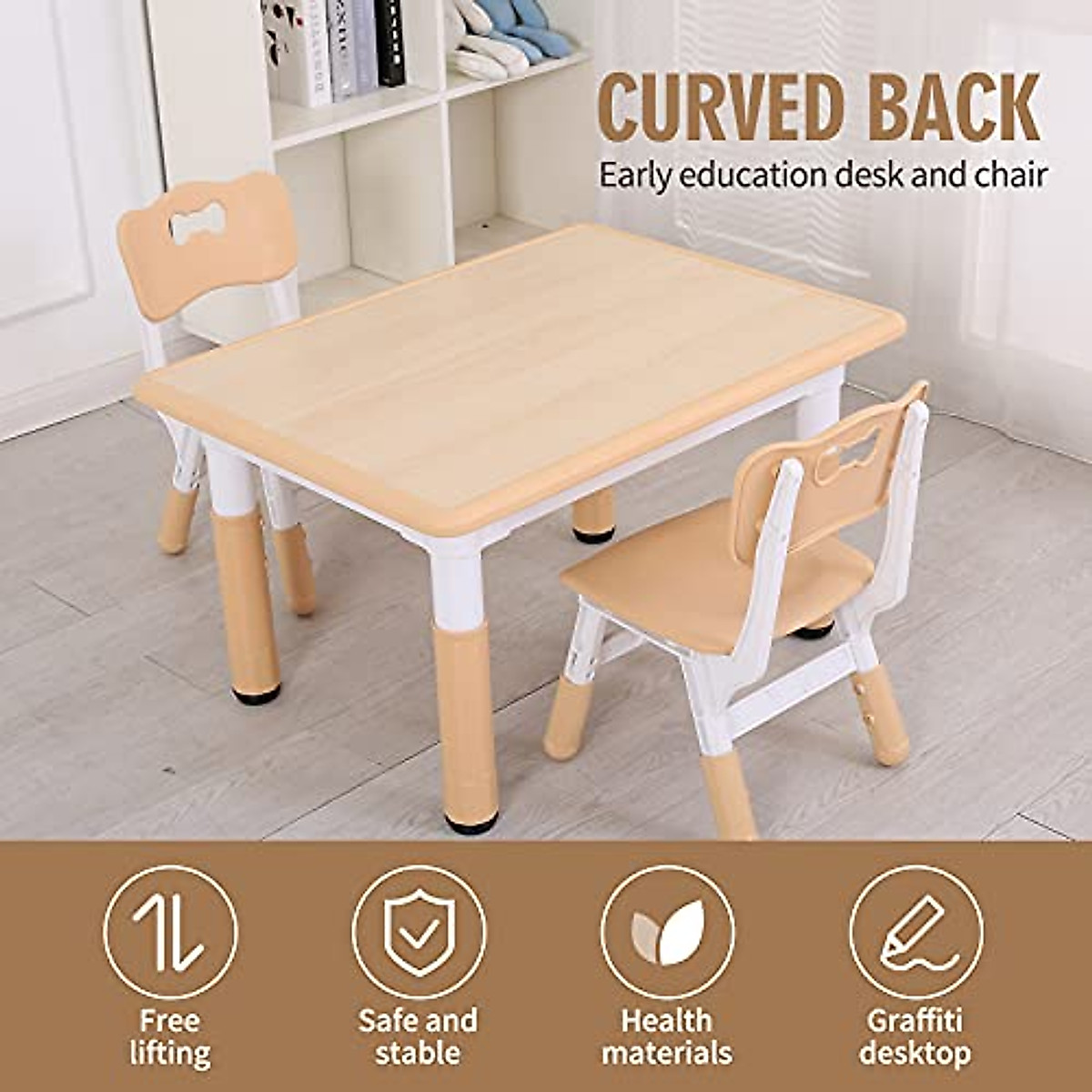 UNICOO - Kids Study Table and Chairs Set, Height Adjustable Plastic Children Art Desk with 2 Seats, Kids Multi Activity Table Set (Maple TOP with Natural Border) BY-60-MN