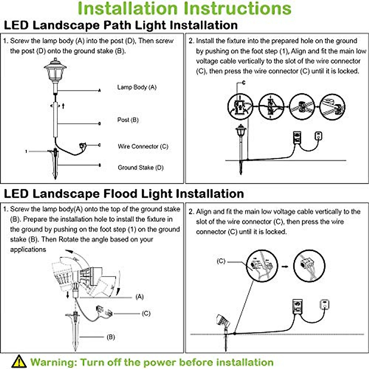 8 Pack Low Voltage LED Landscape Kits, 12V Pathway Flood Light Kits, 10W 390LM and 3.4W 155LM Wired for Outdoor Yard Lawn, Die-cast Aluminum, 50W and 30W Equivalent 15-Year Lifespan