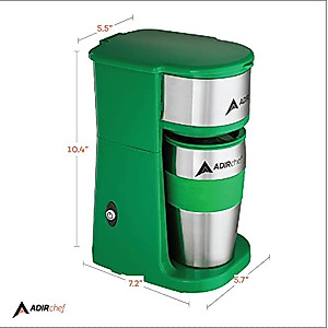 AdirChef Single Serve Mini Travel Coffee Maker & 15 oz. Travel Mug Coffee Tumbler & Reusable Filter for Home, Office, Camping, Portable Small and Compact (Green)