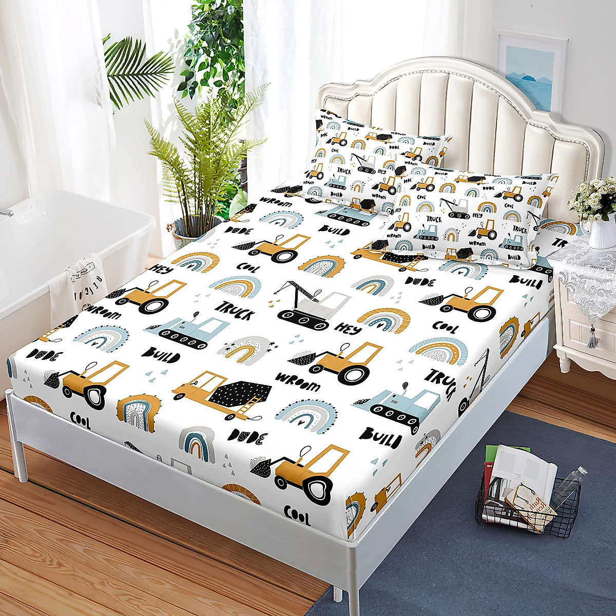 BailiPromise Cartoon Excavator Sheet Set for Kids Boys Teens Truck Construction Bedding Set Full Size Rainbow Construction Vehicle Bed Sheets Under Construction Fitted Sheet & Flat Sheet 4 Piece
