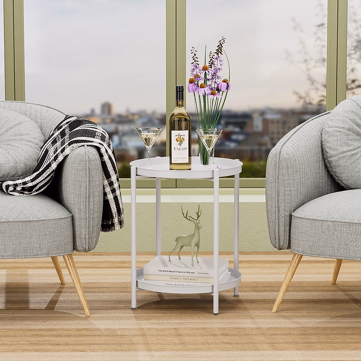 OVICAR Round Side Table - 2 Tiers End Table Metal Coffee Table Small Sofa Side Table Outdoor Indoor Accent Table Nightstand Waterproof Removable Tray Table for Living Room Bedroom Balcony White