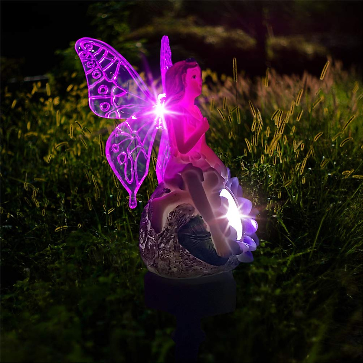 Beaupretty LED Fairy Girl Light Solar Powered Flower Winged Angel Figurine Stake Light Water Resistant Ground Lawn Lamp Ornament for Wisteria