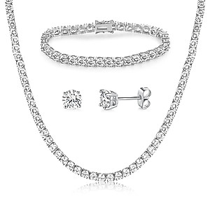 Gemsme 18K White Gold Plated 5mm Tennis Necklace/Bracelet/Earrings Sets Pack of 3
