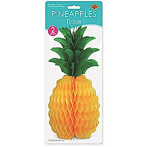 Beistle 2 Piece Tissue Pineapples Luau Centerpiece Party Decorations, 12", Yellow/Green