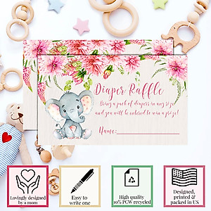 Amanda Creation Watercolor Dahlia Floral Elephant Diaper Raffle Tickets for Girl Baby Showers, 20 2" X 3” Double Sided Inserts, Bring a Pack of Diapers to Win Favors & Prizes!