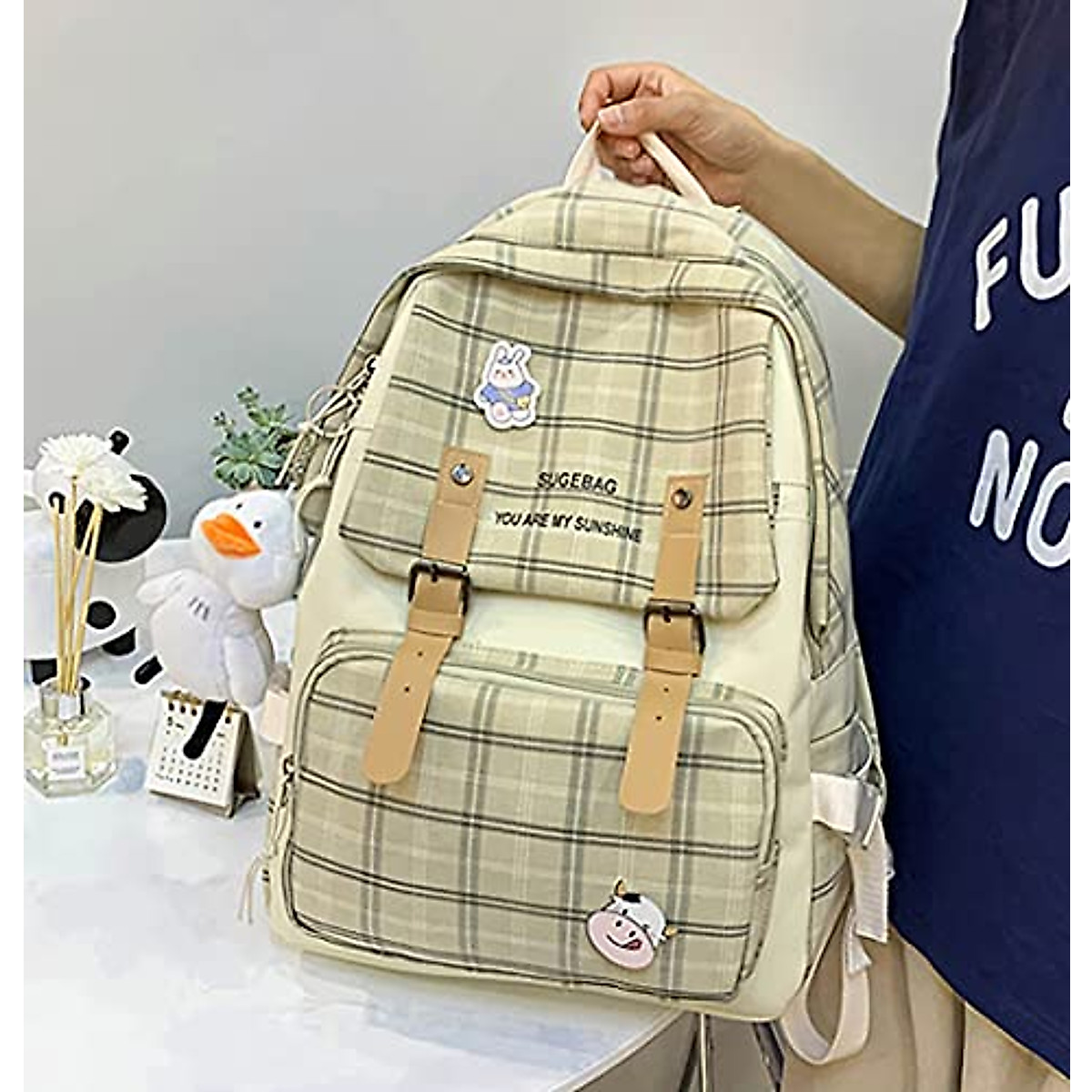 DAHUOJI 5Pcs Kawaii Backpack Set with Badge & Duck Pendant,Japanese Aesthetic Check Bookbag for Girls Cute Plaid School Bags Comes with Tote Bag,Shoulder Bag,Pencil Box,Small Bag(Khaki,16in)