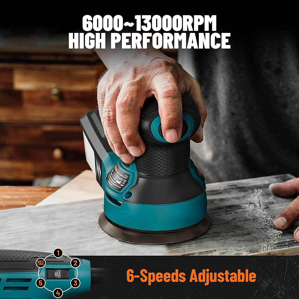 DOVAMAN ROS01A Orbital Sander, 3A Random Orbit Sander, 6 Variable Speeds, Up to 13000 rpm, 12pcs Sandpapers, 5in Sanding Pad, Dust Collection, Electric Sander Perfect for Woodworking