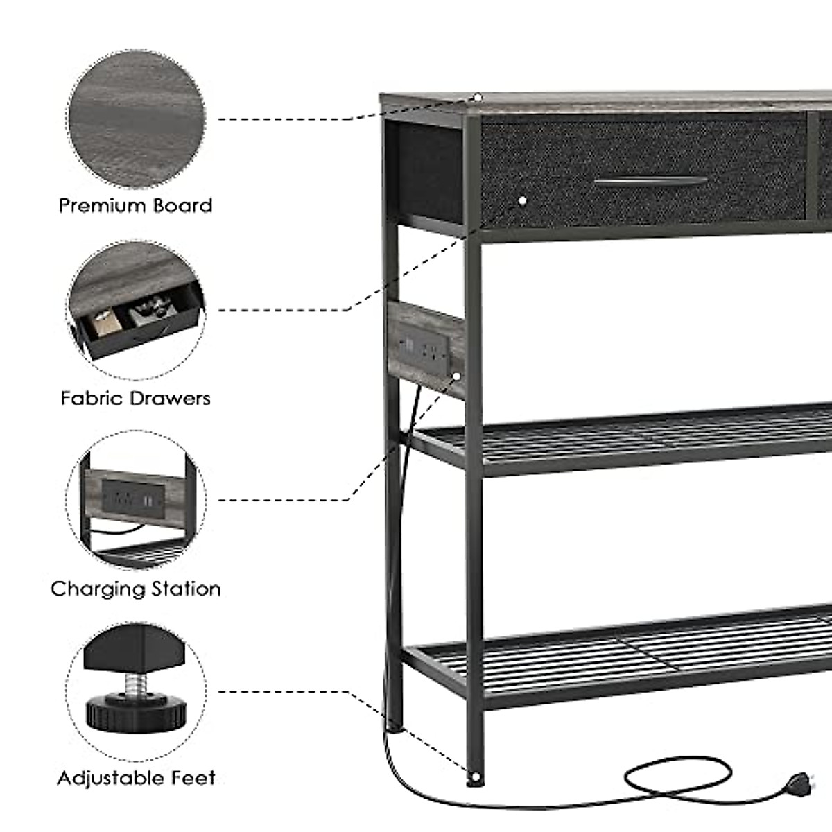 COTUBLR Console Table with Drawers and Outlets, Entryway Table with Storage Shelves, 39 inch Narrow Sofa Table for Living Room, Entry Table for Entryway, Hallway, Living Room Furniture, Grey Oak