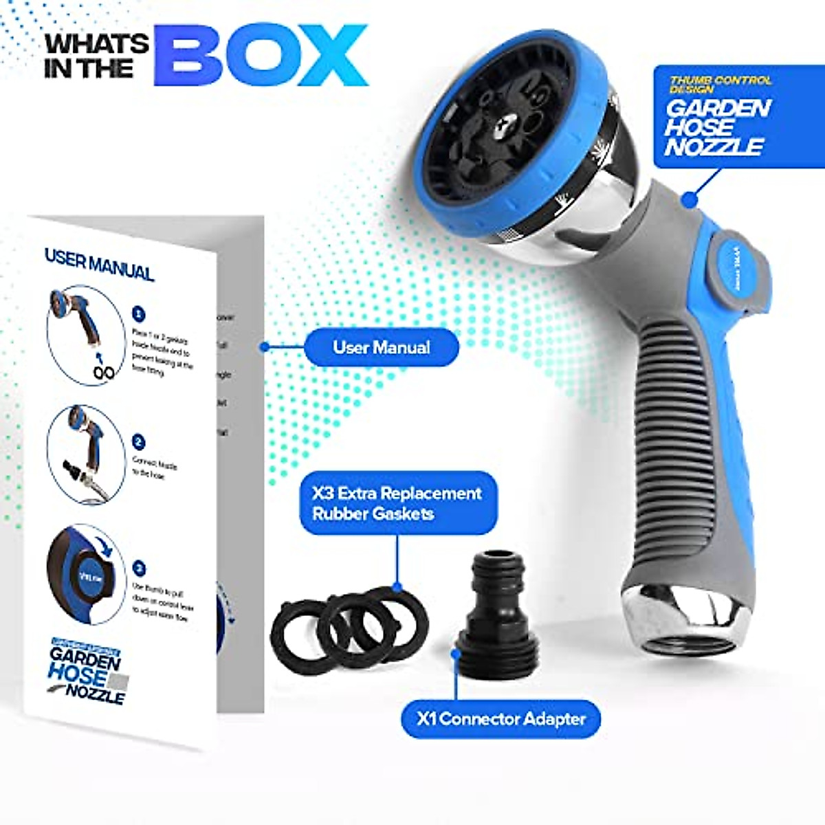 VYRL Garden Hose Nozzle with 10 Adjustable Spray Patterns, High Pressure Hand Sprayer with thumb Control anti slip design Garden hose sprayer, Best for Watering Plants, Lawns, Washing Cars & Pets