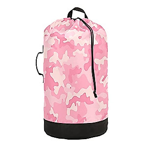 xigua Cute Pink Camo Laundry Bag Drawstring Closure Waterproof Durable Backpack Storage Basket Organization Dirty Clothes Bag Laundry Hamper with Shoulder Straps