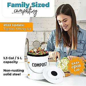 Kitchen Compost Bin by Saratoga Home - 1.3 Gal/5L Metal Compost Bucket for Kitchen Countertop, Kitchen Composter, Countertop Compost Bin, Compost Bin Kitchen, Kitchen Compost Bin Countertop, White