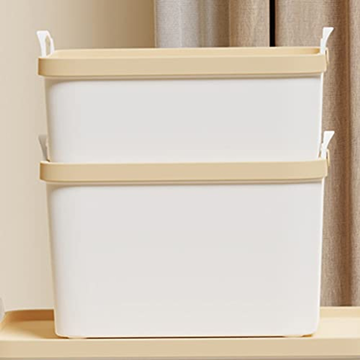 Cabilock 2pcs Plastic Storage Baskets with Lids Shelf Organizer Bins with Handle Stackable Storage Box Containers Makeup Cosmetic Organizer for Shelves Drawers Desktop Closet