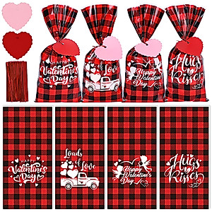 Whaline 160Pcs Valentine's Day Cellophane Bags Red Black Buffalo Plaids Cello Bags with 160Pcs Twist Tie & 40Pcs Heart Tags 4 Style Goodie Candy Treat Bags for Valentine Wedding Party Favor Supply