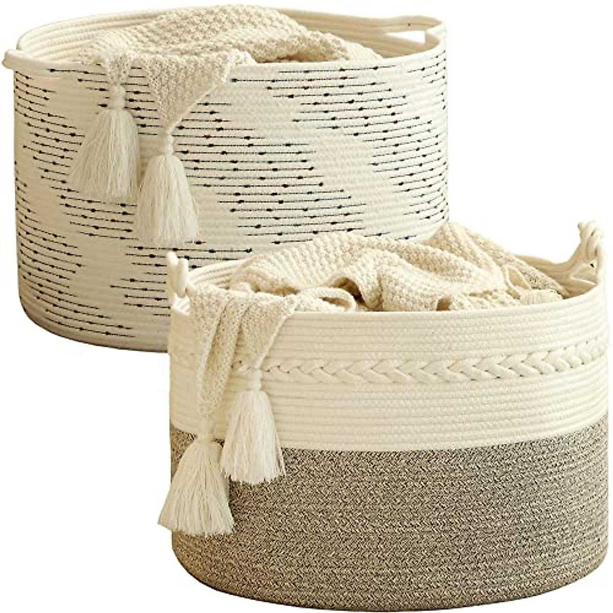 KAKAMAY Large Cotton Rope Blanket Basket (20"x13"),Woven Baby Laundry Hamper，Blanket Basket for Nursery, Laundry, Living Room, Pillows, Toys （White/Beige）