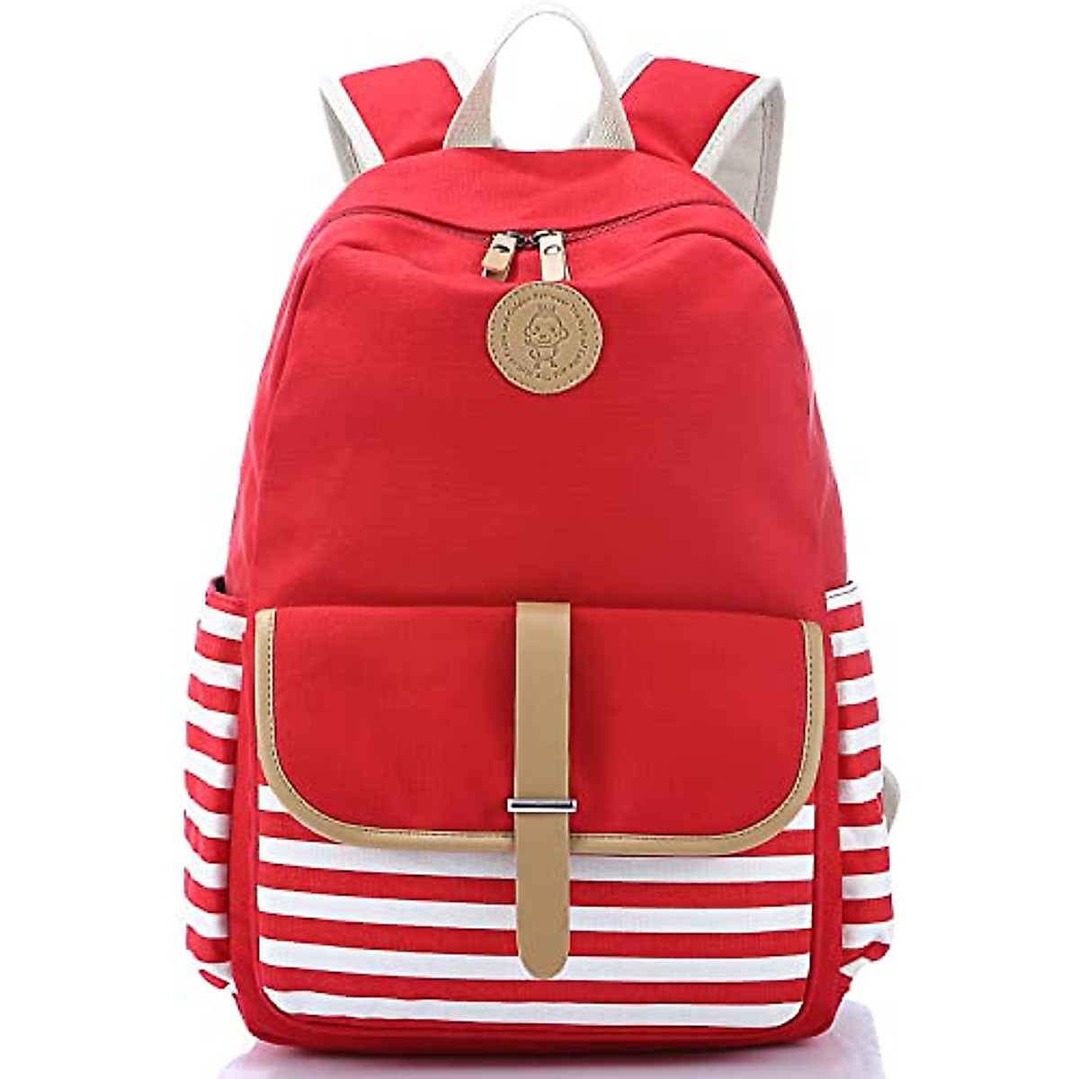 Joyfulife School Backpacks for Teen Girls Lightweight Canvas Backpack Stripe Backpack Kids Bookbags Set 3 in 1 (Red)