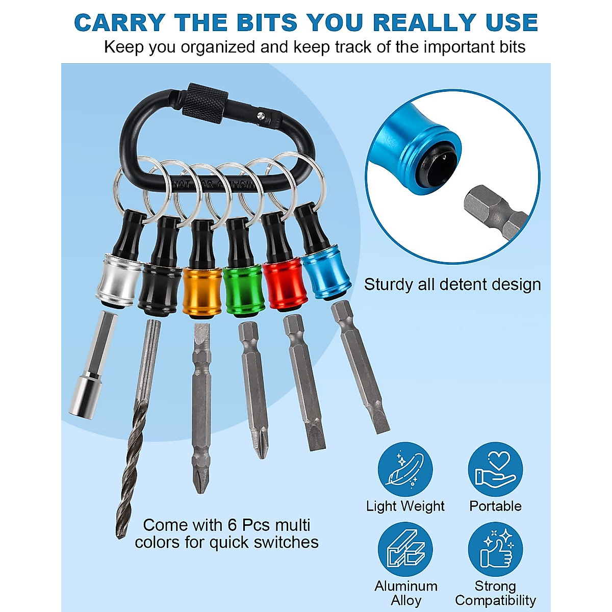 1/4 Inch Hex Shank Drill Bits Holder - Portable Six Color Coded Quick-Change Screwdriver Bits Holder Organizer Tool for 1/4" Impact Tips, Screws, Drivers, with Black Carabiner(Bits Not Include)