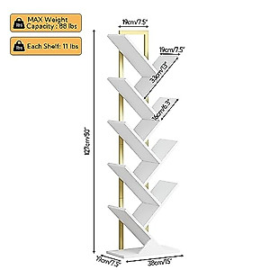 Yusong Tree Bookshelf, Geometric Bookcase with Steel Pipe for Living Room Bedroom, Floor Standing Books Shelves for Home Office (White, 9 Tier)