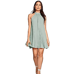 SweatyRocks Women's Sleeveless Tie Back Halter Dress Mini Swing Pleated A-line Skater Dress Green L