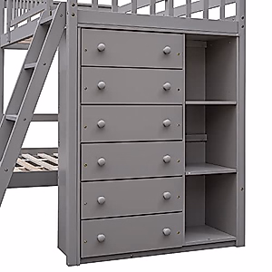 Harper & Bright Designs Twin Over Full Bunk Bed with Storage, Solid Wood Bunk Bed with 6 Drawers and 3 Flexible Shelves, Movable Bottom Bed with Wheels, for Kids Teens Adults (Gray)