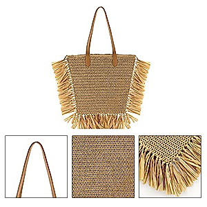 Women Large Fringe Straw Woven Shoulder Bag Summer Beach Top-Handle Bag Travel Tote