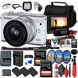 Canon EOS M200 Mirrorless Camera with 15-45mm Lens (White) (3700C009) + 4K Monitor + 2 x 64GB Memory Card + Filter Kit + 3 x LPE12 Battery + External Charger + Card Reader + LED Light + More (Renewed)