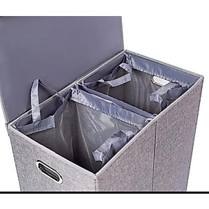 Double Laundry Hamper with Removable Lid and Two Removable Mesh Bags with Sturdy Construction in Elegant Gray Linen