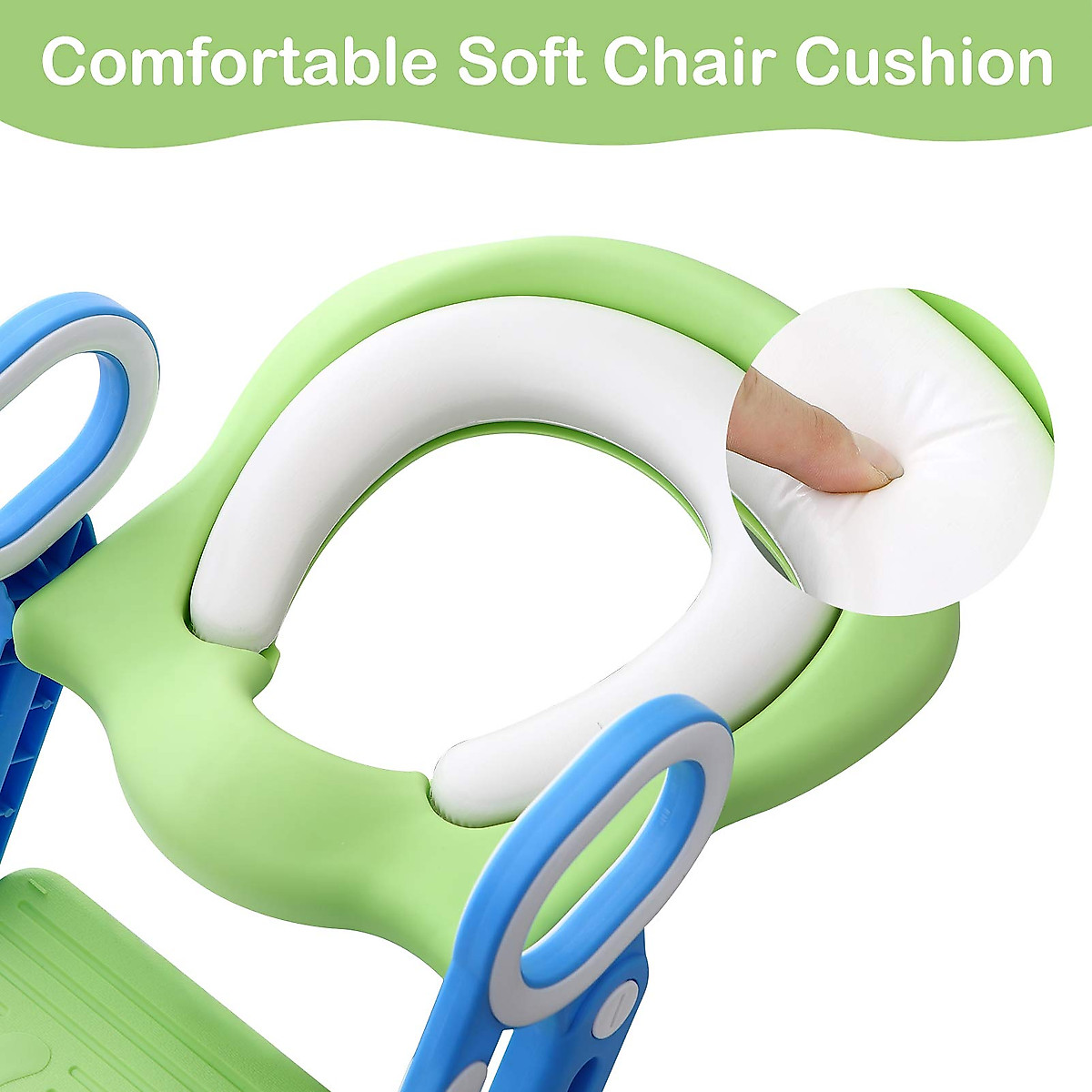 Potty Training Toilet Seat with Step Stool Ladder for Kids, Baby Toddler Toilet Training Seat with Soft Padded Seat, Safe Handles and Non-Slip Wide Step for Girls and Boys (Blue Green)