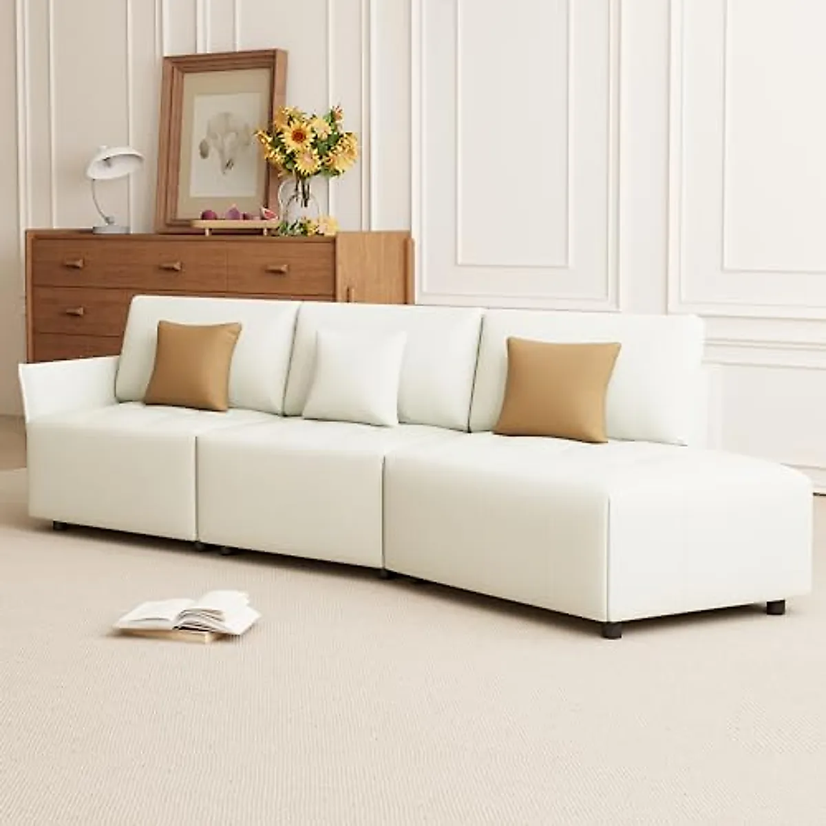 BAMOOLI 120'' Leather Curved Sectional Couches, Mid-Century Modern Leather Sectional Sofa Couches with 3 Pillows, Modular Sectional Couch Real Leather Sofas for Living Room, Bedroom, Apartment, Beige