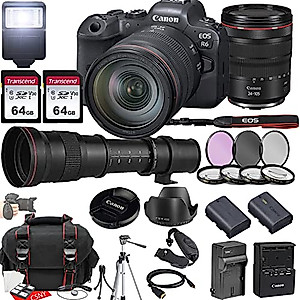 Canon EOS R6 Mirrorless Camera w/RF 24-105mm f/4 L is USM Lens + 420-800mm f/8.3 HD Manual Telephoto Lens + 2X 64GB Memory + Hood + Case + Filters + Tripod + More (35pc Bundle)