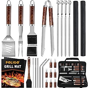 POLIGO 26PCS Grill Utensils Set for Outdoor Grill Set Stainless Steel BBQ Grill Accessories in Case - Premium BBQ Tools Grilling Tools Set Ideal Birthday Father's Day Grilling Gifts for Men Dad Women